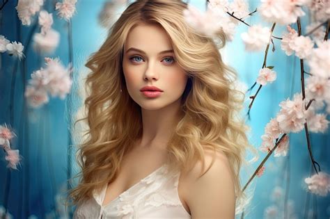Spring Girl On A Background Of Flowering Trees Ai Generative Premium