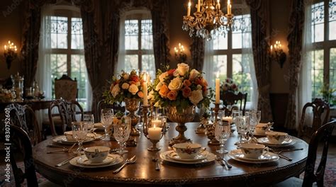 An Elegant Victorian Era Dining Table Setting Complete With Fine China