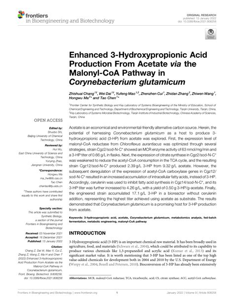 Pdf Enhanced 3 Hydroxypropionic Acid Production From Acetate Via The