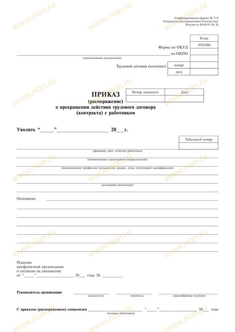 Приказ распоряжение о прекращении трудового договора контракта с работником Макет Ra0203