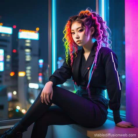 Japanese Woman In Cyberpunk Office Stable Diffusion Online