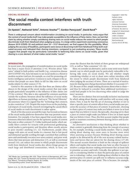 Pdf The Social Media Context Interferes With Truth Discernment