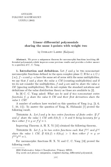 Pdf Linear Differential Polynomials Sharing The Same 1 Points With Weight Two Indrajit