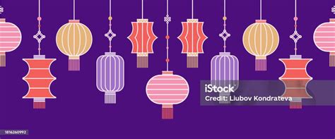 중국 종이 매달려 손전등 Denglong의 수평한 이음새가 없는 국경 행운을 빕니다 매듭 중국 설날 중추절 평평하고 미니멀한 기하학적 디자인 직물 포장 배경 0명에 대한