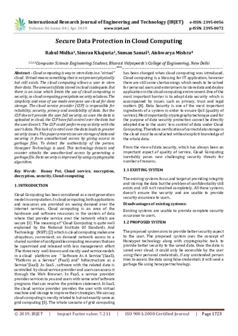 Pdf Irjet Secure Data Protection In Cloud Computing