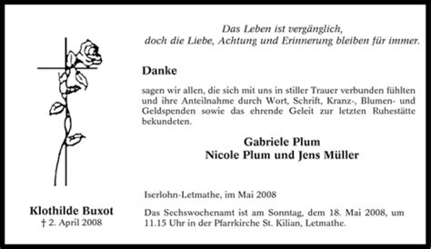 Traueranzeigen Von Klothilde Buxot Trauer In Nrw De