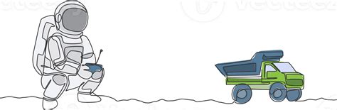 One Single Line Drawing Of Astronaut Playing Dump Truck Radio Control In Moon Land Graphic