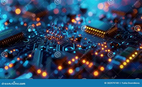 Technology Digital Binary Data On Microchip With Glow Circuit Board