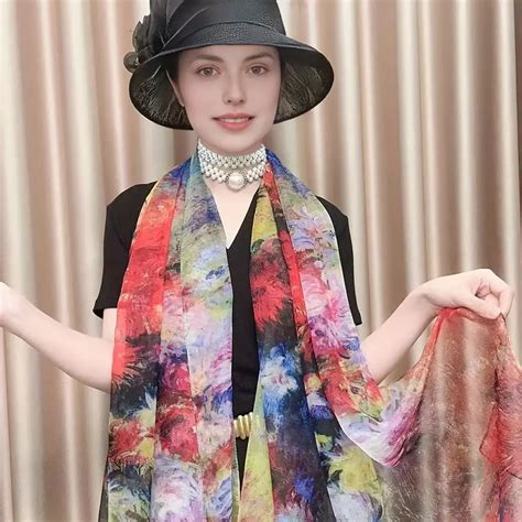Шал С Принт На Маслена Картина В Смесени Цветове Тънък И Temu Bulgaria