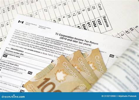 Canadian T2 Tax Form Corporation Income Tax Return Lies On Table With