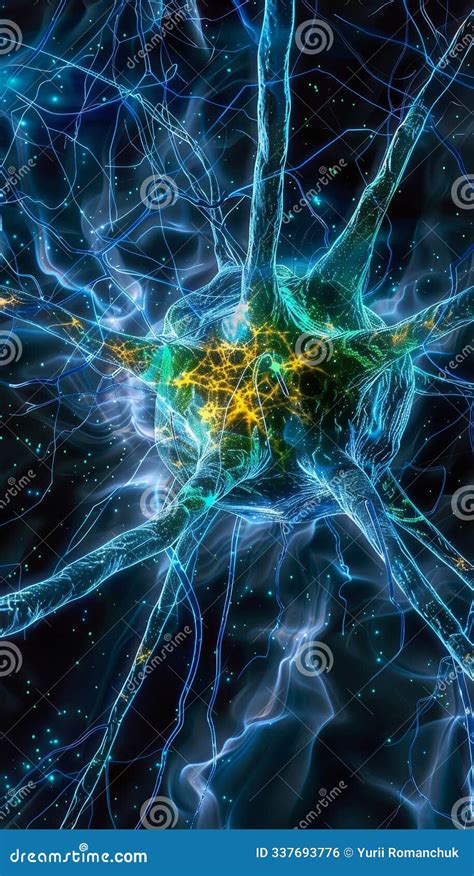 Close Up Of A Glowing Neuron With Intricate Connections In A Dark
