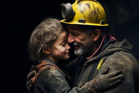 Premium Ai Image Father Miner Meets Daughter After Hard Shift Generative By Ai