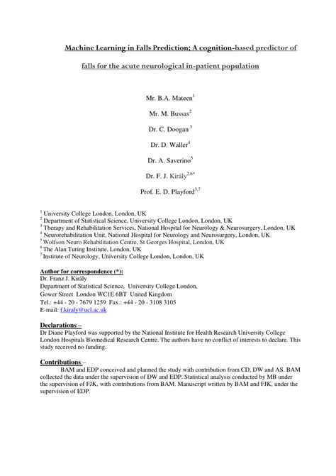 Pdf Machine Learning In Falls Prediction A Cognition Based Predictor Of Falls For The Acute