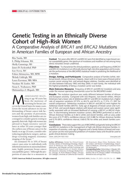 Pdf Genetic Testing In An Ethnically Diverse Cohort Of High Risk Women A Comparative Analysis