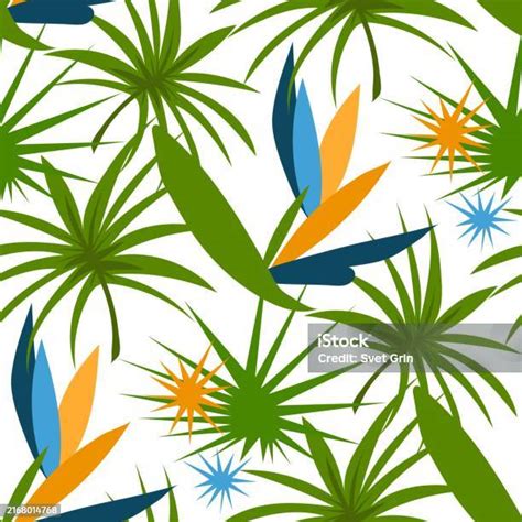 Strelitzia 패턴 와 와 열대 나뭇잎 와 백색 배경 및 추상적인 가시 꽃과 식물 질감 노란색 파란색 꽃이 있는 평면 벡터 그림입니다 직물 및 종이에 인쇄 계절에 대한