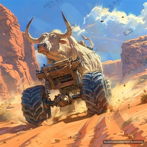 Ai创作图翻斗车插画 牛厚涂 科幻风格牛 犀牛原画 沙漠交通工具 开荒牛城市背景素材 科幻题材插画 厚涂插画 巨型翻斗车 沙漠里的海盗船探险车 荒漠路面车辆 阿拉善插画科技旅游 狂野西部越野车