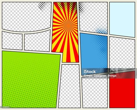 팝 아트 스타일의 방사형 하프 톤 효과와 광선이있는 만화 책 페이지 템플릿 다채로운 빈 배경 벡터 일러스트레이션 복고풍에 대한 스톡 벡터 아트 및 기타 이미지 Istock