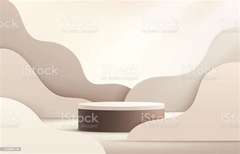 럭셔리 브라운과 크림 실린더 받침대 연단 베이지 색 웨이브 액체 모양 장식 창 조명 최소한의 벽 장면 추상 벡터 렌더링 3d 셰이프 용 제품 표시 프레젠테이션 입체 이미지에