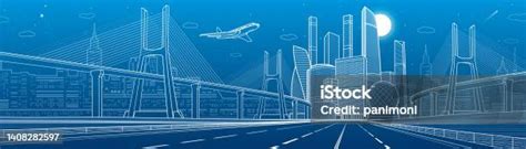 인프라 도시 파노라마 대형 케이블 유지 다리 비행기가 날아갑니다 빈 고속도로 배경 타워와 고층 빌딩 도시 장면 벡터 디자인 아트에 야간 현대 도시 교량에 대한 스톡 벡터