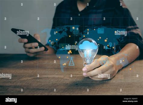 Man Hand Holding Light Bulb Global Internet Connection Business Global Internet Connection