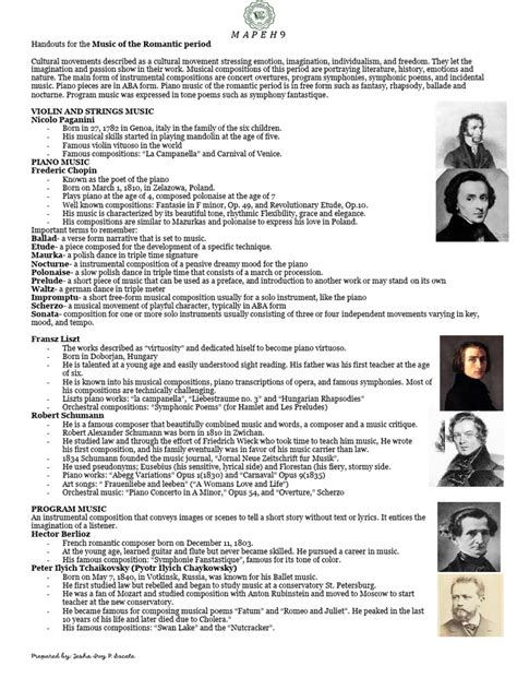 Mapeh 9 Music 3rd Quarter Handouts Pdf Pyotr Ilyich Tchaikovsky Robert Schumann