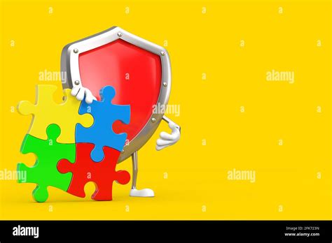 Red Metal Protection Shield Person Character Mascot With Four Pieces Of