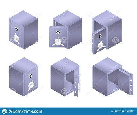 Isometric Metal Safe With Opened And Closed Door Armored Box Vector Illustration Stock Vector