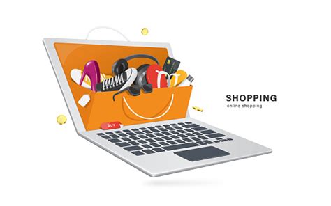 온라인 쇼핑 개념 다양한 제품은 노트북 컴퓨터 화면의 주황색 종이 쇼핑백에 배치되며 고객을 위한 구매 버튼 전자 상거래 디자인용 벡터 3d가 있습니다 3차원 형태에 대한