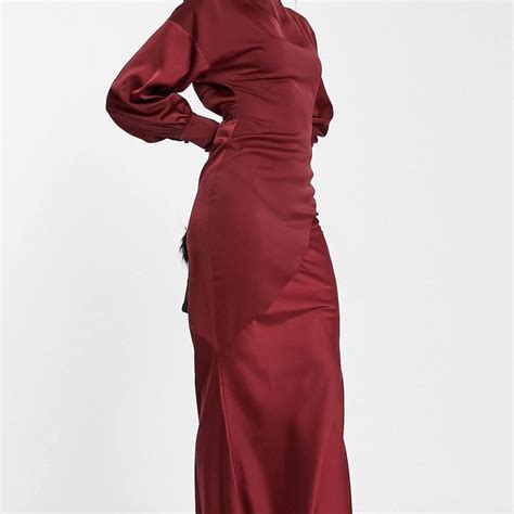 Asos Burgundy Red Satin Maxi Dress With Blouson Depop