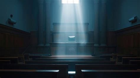 Sunlight Filtering Into Empty Solemn Courtroom With Wooden Benches And