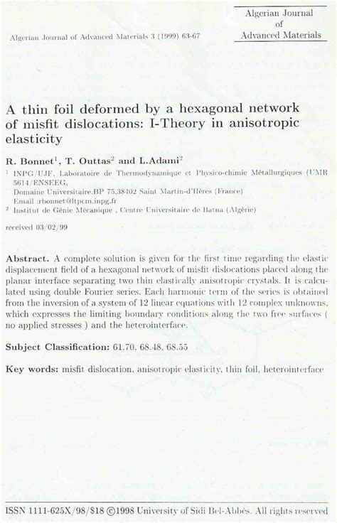 Pdf A Thin Foil Deformed By A Hexagonal Network Of Misfit Dislocations I Theory In