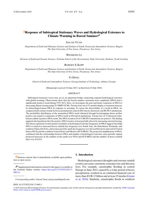 Pdf Response Of Subtropical Stationary Waves And Hydrological