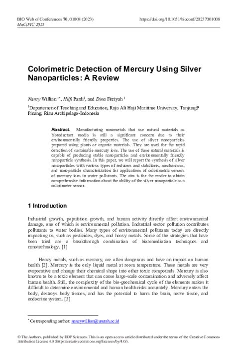 Pdf Colorimetric Detection Of Mercury Using Silver Nanoparticles A Review