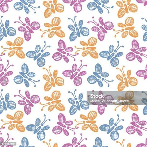 원활한 벡터 패턴 흰색 배경과 귀여운 나비와 배경 손 밑그림 그리기입니다 잉크 Pencilling 모방 곤충과 손으로 그린