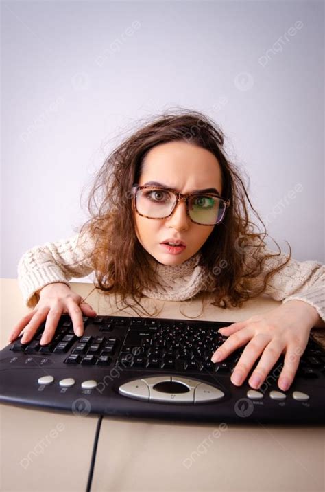 The Funny Nerd Girl Working On Computer Funny Nerd Girl Working On