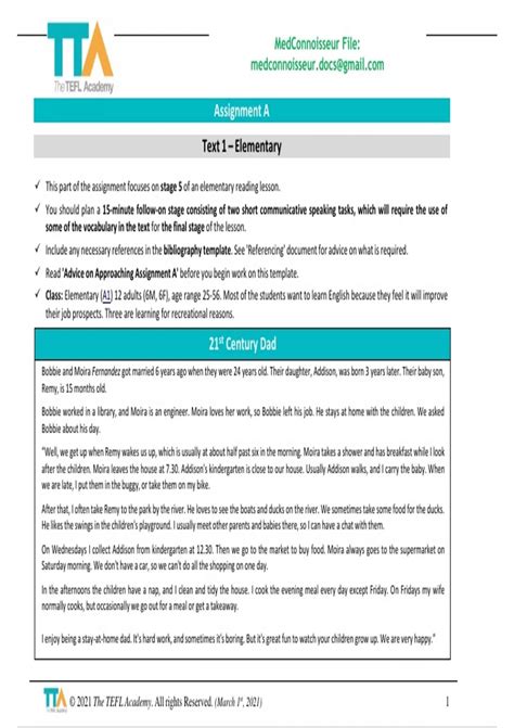 The TEFL Academy Level 5 TEFL Course Qualifi Assignment A Text 1 2 3 Elementary 21st