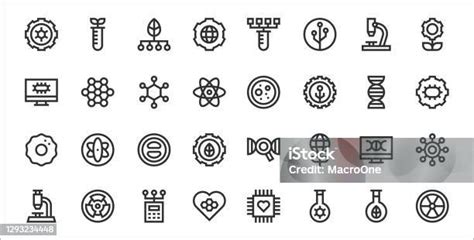 방사성 화학 결합 현미경 Dna 세포 세포 세포 세포 구조와 같은 32개의 생명 공학 얇은 윤곽선 아이콘 세트 Dna에 대한 스톡 벡터 아트 및 기타 이미지 Istock