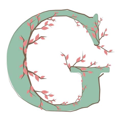 부드러운 손으로 그린 나뭇잎으로 만든 대문자 G 문자 프리미엄 벡터