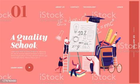 학교 프리젠 테이션 방문 페이지 템플릿 거대한 화이트 보드에서 작업 또는 졸업장 프로젝트를 제시하는 작은 학생 캐릭터 교실에 대한 스톡 벡터 아트 및 기타 이미지 Istock