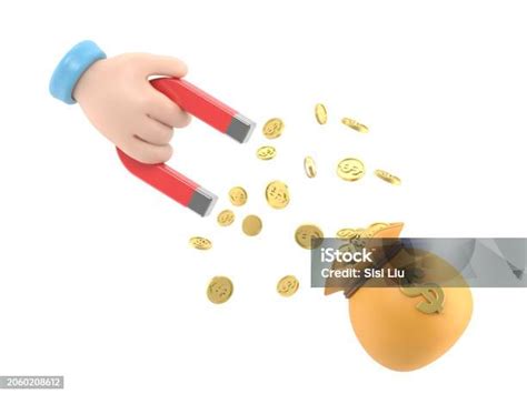 돈 가방과 동전으로 자석을 들고 있는 인간의 손 어트랙션 코인의 개념 재정적 은유 캐쉬백의 개념을 드러내고 흰색 배경에 렌더링money3d 만듭니다 3차원 형태에 대한 스톡