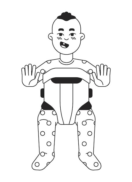 귀여운 아기 평평한 검은색 ⁇ 색 ⁇ 터 캐릭터 한 개의 이빨을 가진 예쁜 얼굴 캐리어에 있는 유아 편집 가능한 전체 몸의 윤 ⁇ 간단한 만화 웹 그래픽 디자인을위한 고립된