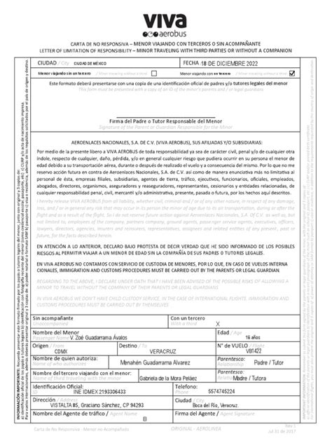 Autorización De Viaje Para Menores Volaris Pdf