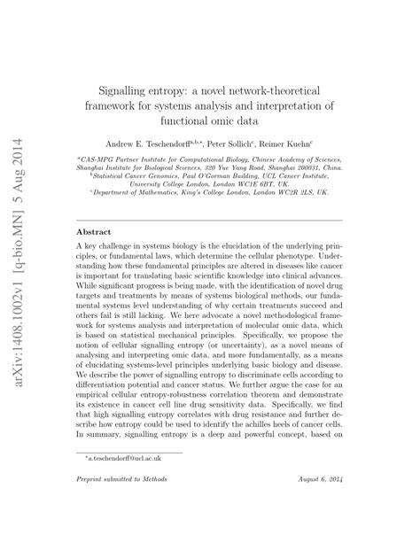 PDF Signalling Entropy A Novel Network Theoretical Framework For Systems Analysis And