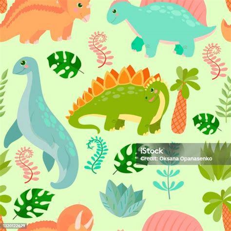 귀여운 공룡의 패턴 작은 공룡의 생일 밝은 어린이 인쇄 컬러 배경이 있는 벡터 그림 가공의 인물에 대한 스톡 벡터 아트 및 기타 이미지 가공의 인물 개체 그룹 고고학