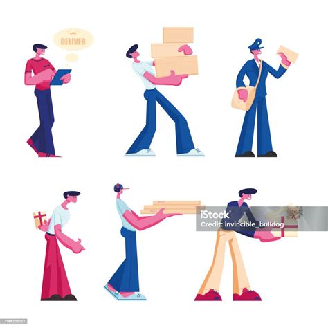 배달 및 우체국 서비스 세트 흰색 배경에 고립 된 고객에게 소포 선물 상자 및 피자 주문을 배달하는 남성 캐릭터 우편배달부