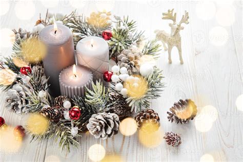 Decorated Advent Wreath From Fir And Evergreen Branches With Burning Candles Tradition In The