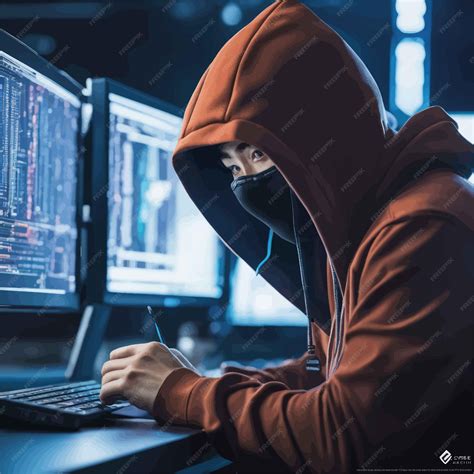 Premium Vector Hacker In Black Hood And Computer Hacking System At The Officehacker In Black