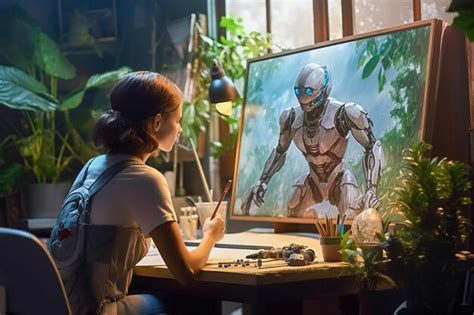 A Female Programmer Creates A Robot The Concept Of Robot And Human Premium Ai Generated Image