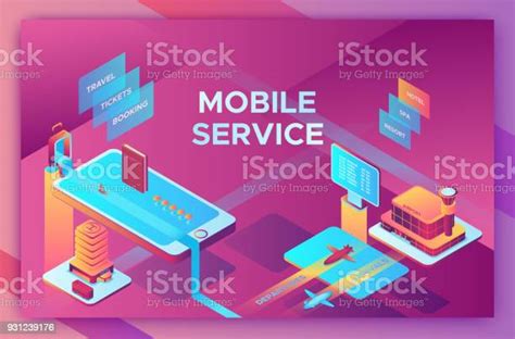 모바일 여행 컨셉 호텔 비행기 스마트폰 항공권 여권 응용 프로그램 디자인의 아이소메트릭 3d 아이콘으로 방문 페이지 서식 파일 벡터 일러스트 레이 션 인터넷에 대한 스톡
