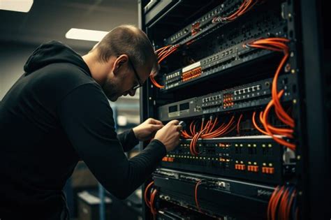 Premium Ai Image Man Installing Router In Datacenter